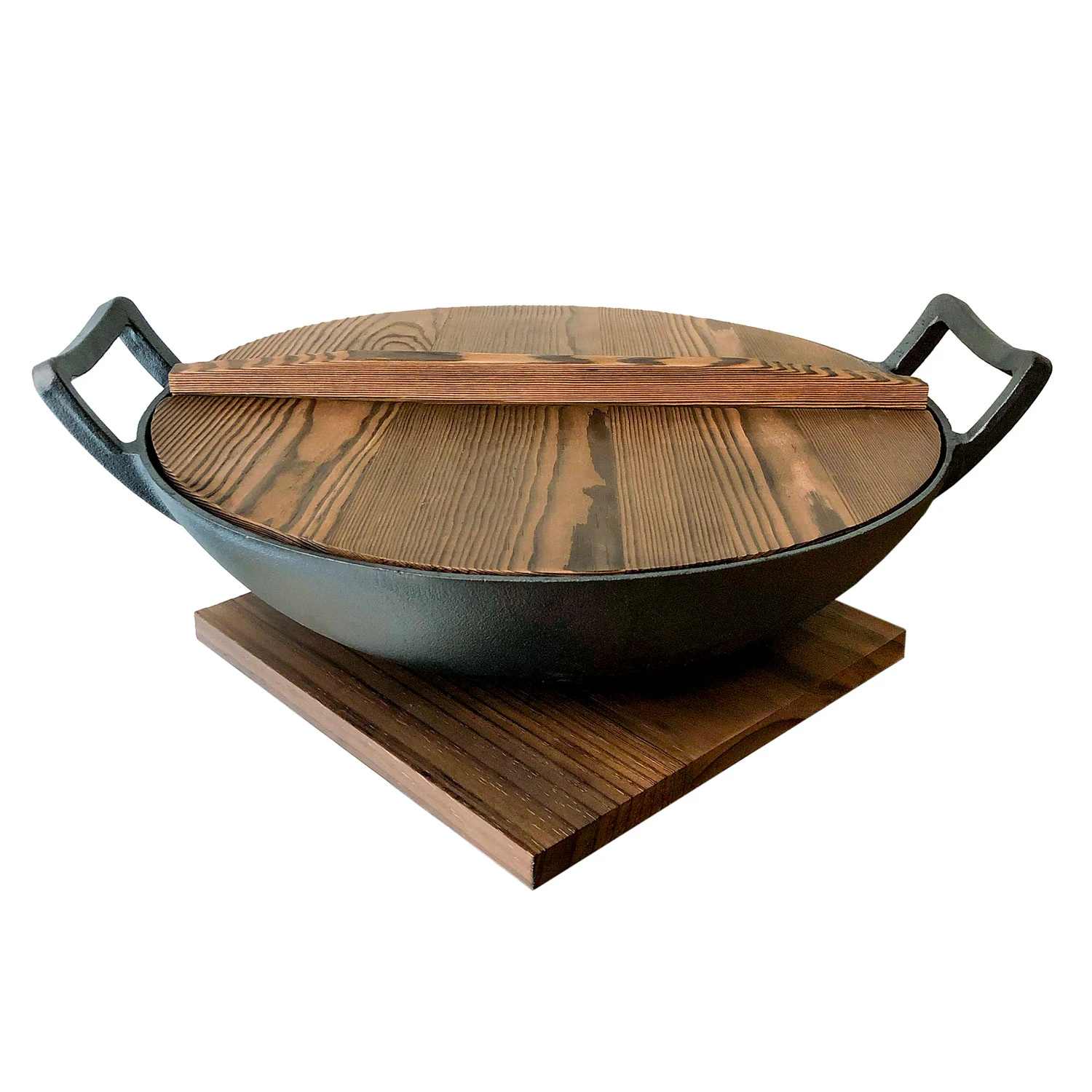 Nabe Cast Iron Wok Pan With Wooden Lid & Glass Lid Ø36 cm/6 L ...